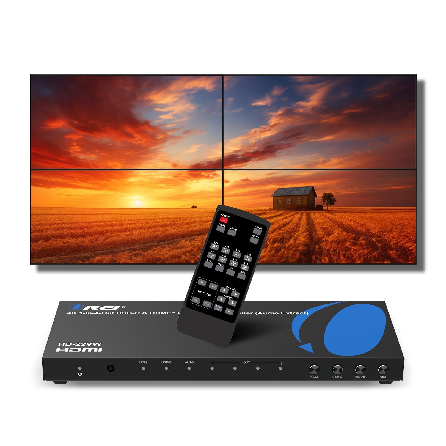 2x2 Full HD Video Wall Controller with Audio Extraction & RS-232 (HD-2