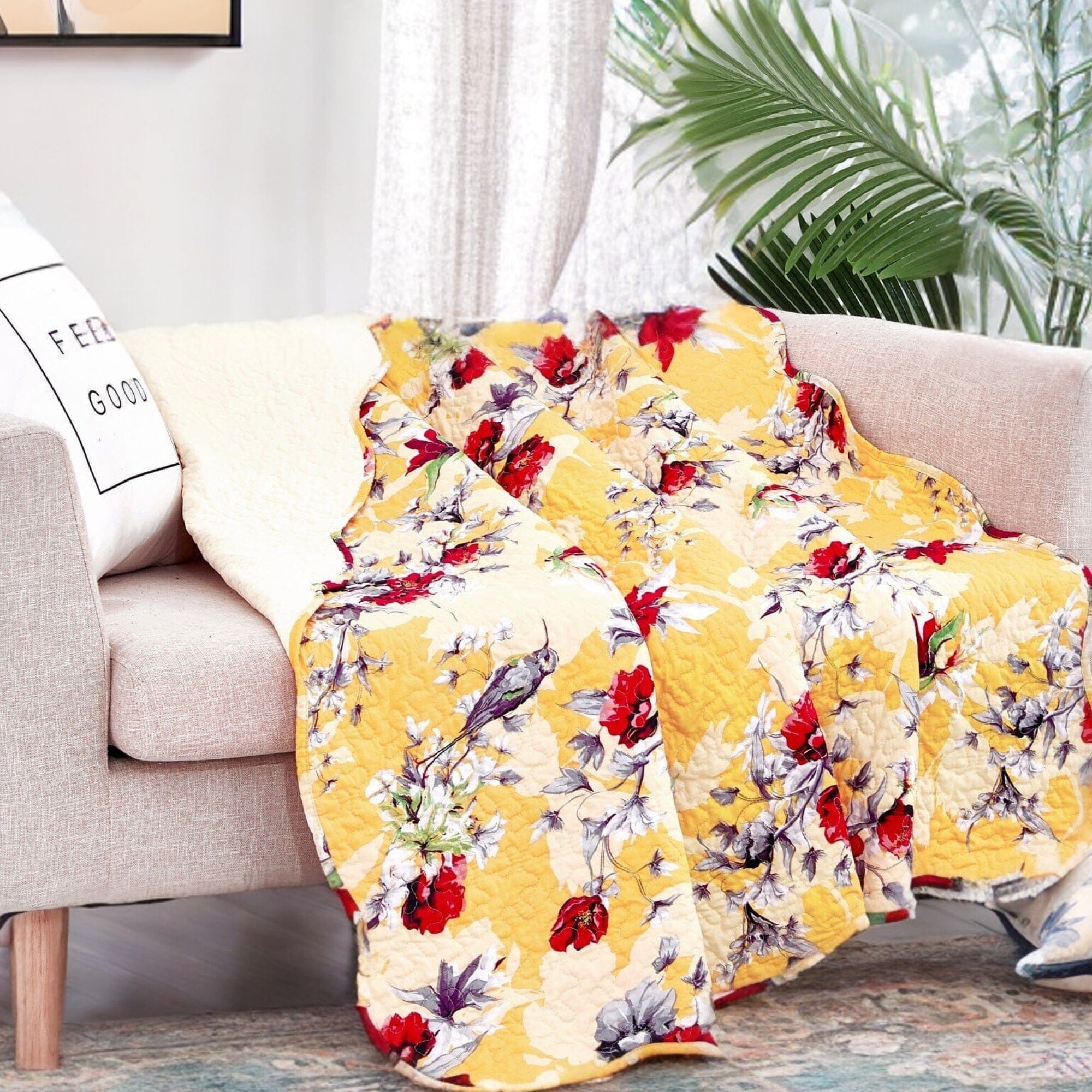 DaDa Bedding Yellow Floral Quilted Throw Blanket - Hummingbirds Farmho