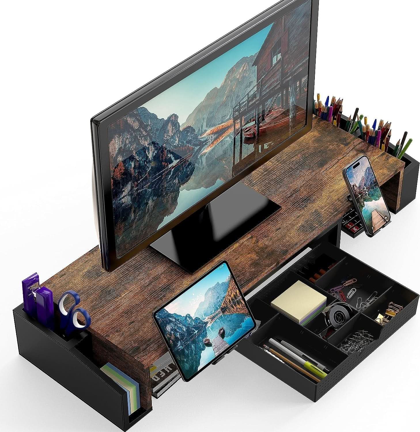 Desk Dual Monitor Stand Riser With Drawer Rustic Brown