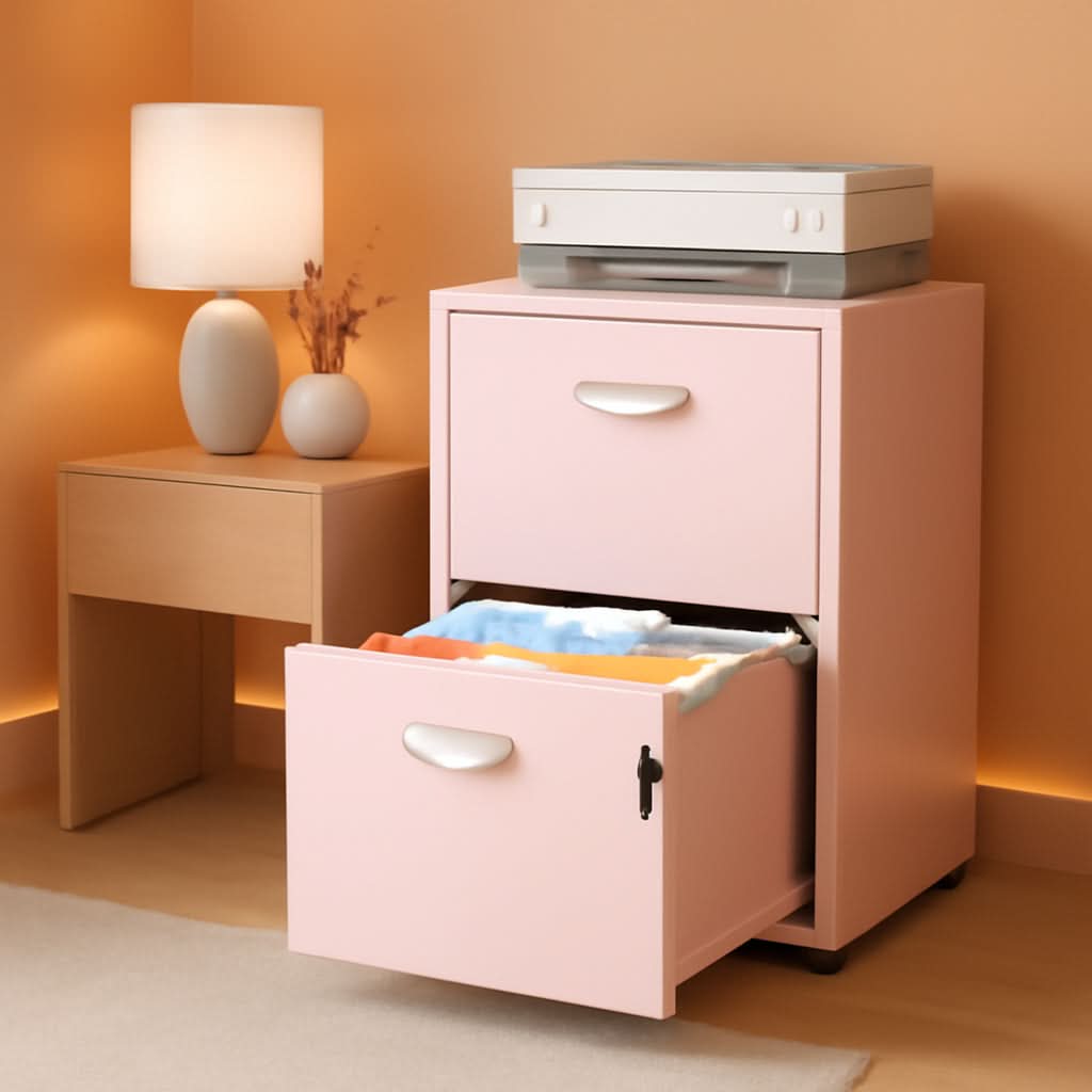 Metal Pink 2 Drawer Locking File Cabinet For Hanging Files Letter A4 D