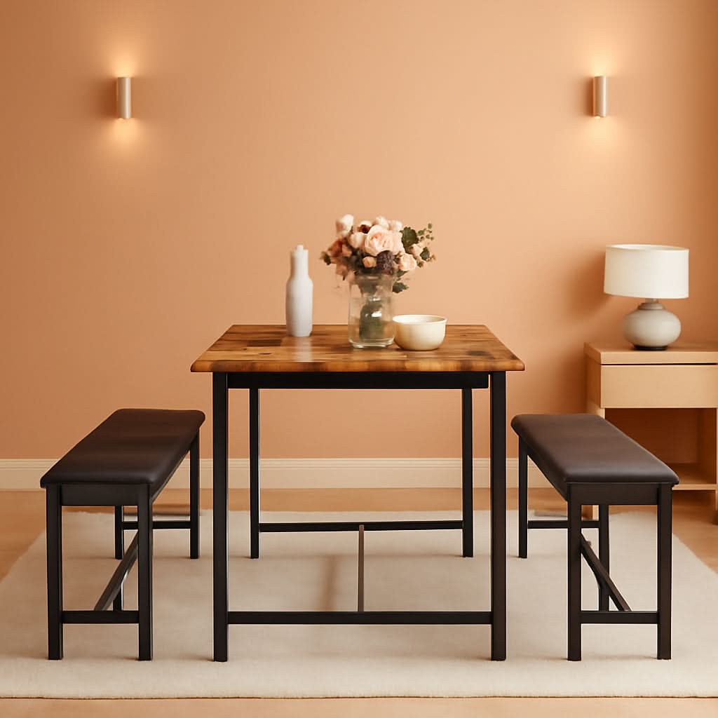 Rustic Brown Dining Table Set For 4 With Cushioned Benches