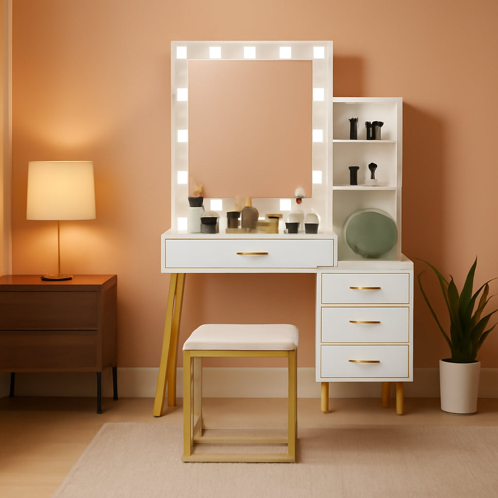 White And Gold Vanity Table Set With Lighted Mirror