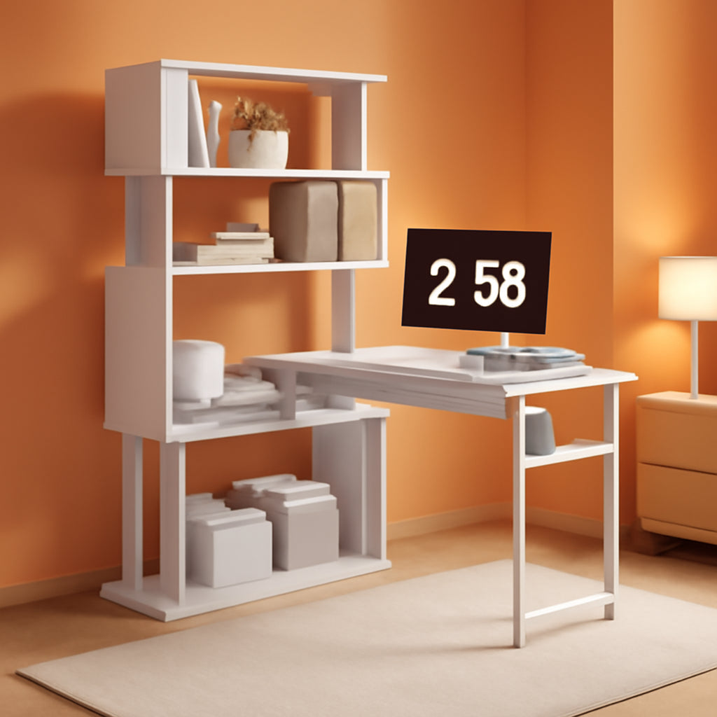 White Rotating L Shaped Desk with Bookshelf Storage